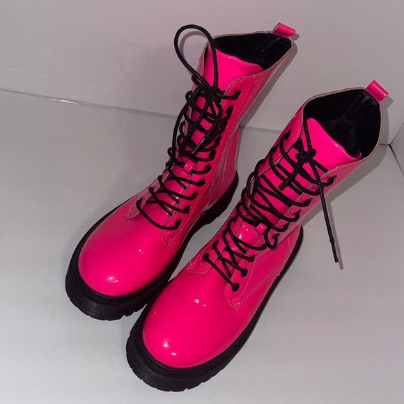 Wild Diva | Shoes | Wild Diva Neon Hot Pink Patent Leather Combat Boots ...